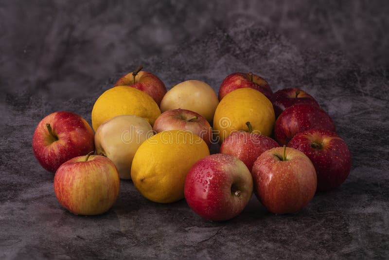 Red Apples are Scattered on the Gray Marble Table Stock Image - Image ...