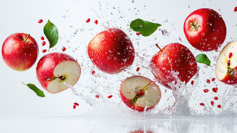 Red Apples Splash with Leaves in Water on White Background Stock Photo ...