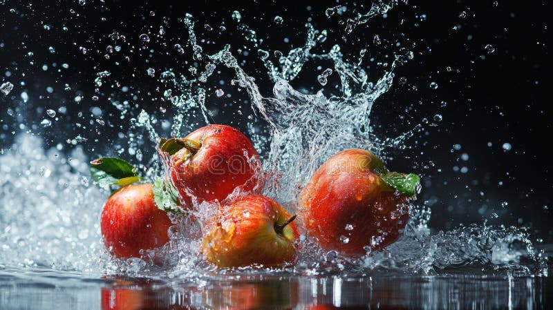 Red Apples Splashing into Water Against a Dark Background Stock Image - Image of fresh ...