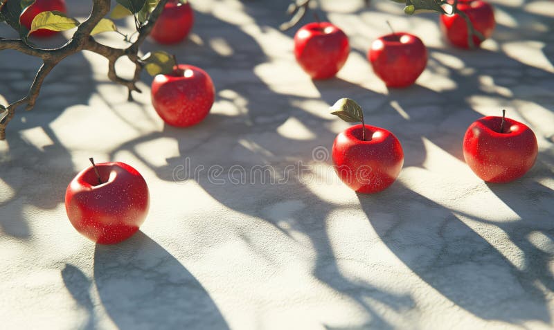 Red Apples on Surface Casting Shadows from Tree Branches Stock Image ...