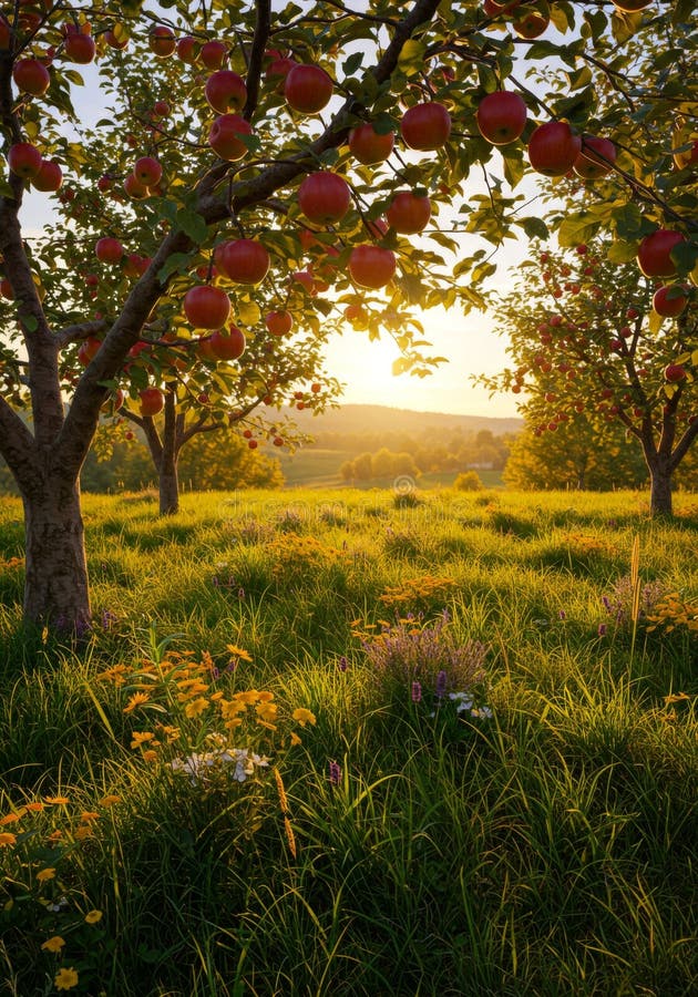 Red Apples on Tree at Sunset in a Flower Field Stock Illustration ...