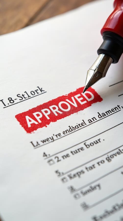 Red Approved Stamp on Application Form with Fountain Pen Stock ...