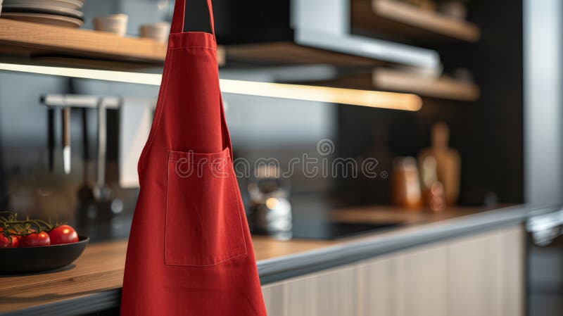 Red Apron Hanging in Modern Kitchen, Near Countertop. Stock Image ...