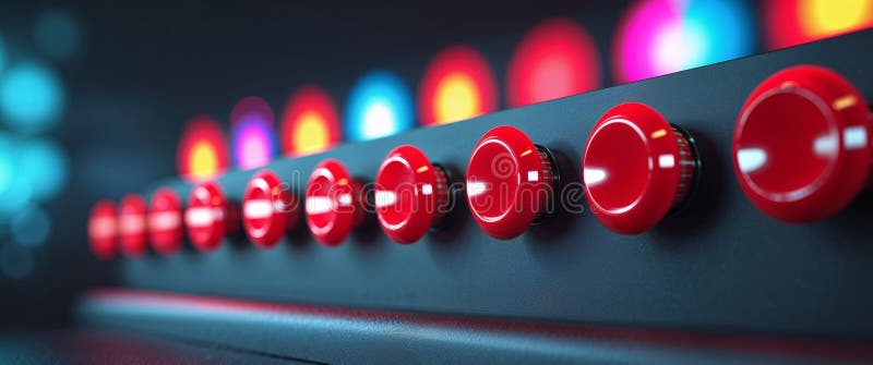 Red Arcade Buttons on Black Panel with Neon Lights Gaming Retro Fun ...