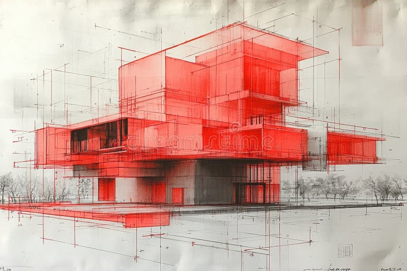 Red Architectural Line Drawing Modern Building Facade Stock Photos ...