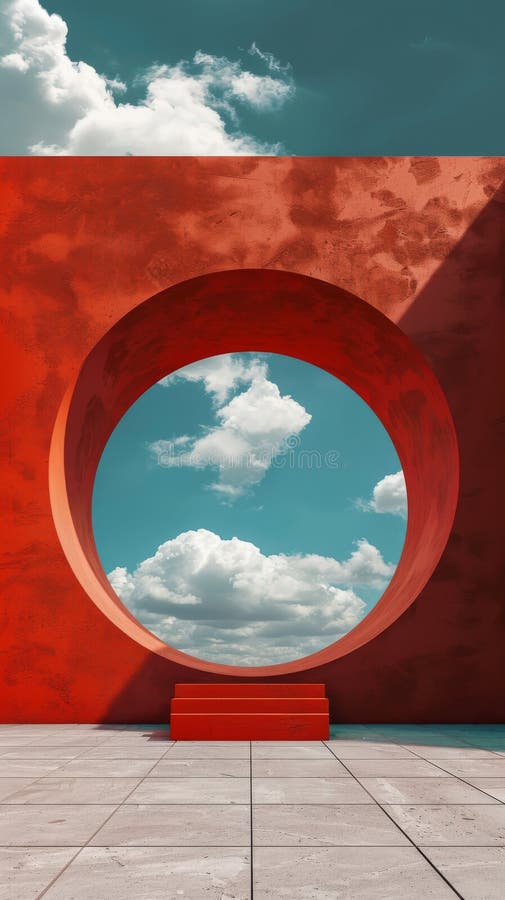 Red Architectural Structure with Circular Opening and Cloudy Sky View ...