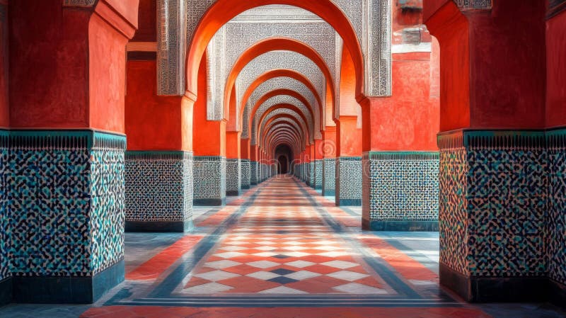 Red Archway Corridor with Intricate Tilework Stock Illustration ...