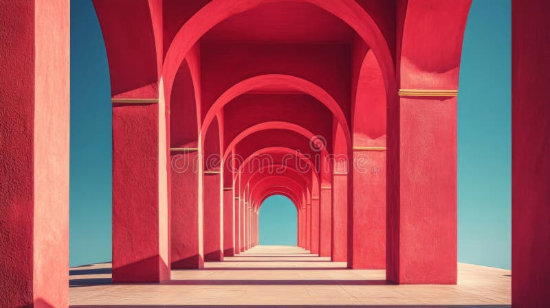 Red Archway Corridor Leading To a Bright Sky Stock Illustration ...