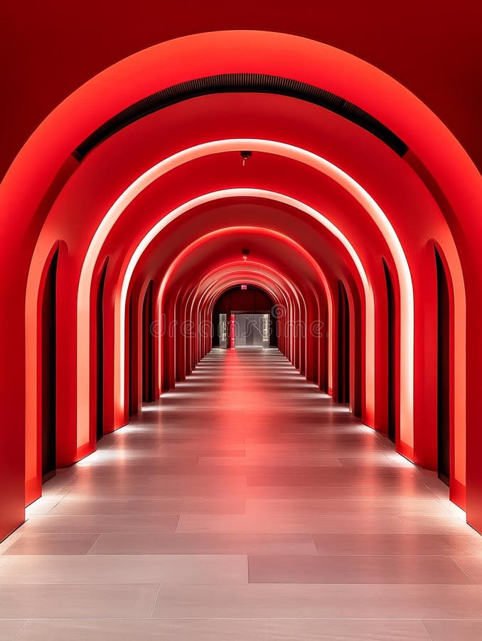 Red Archway Corridor Modern Architecture Red Arches Illuminated Pathway ...