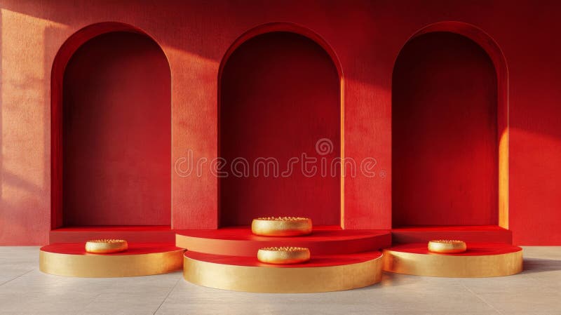 Red Archway Display with Gold Bowls and Platforms Stock Illustration ...