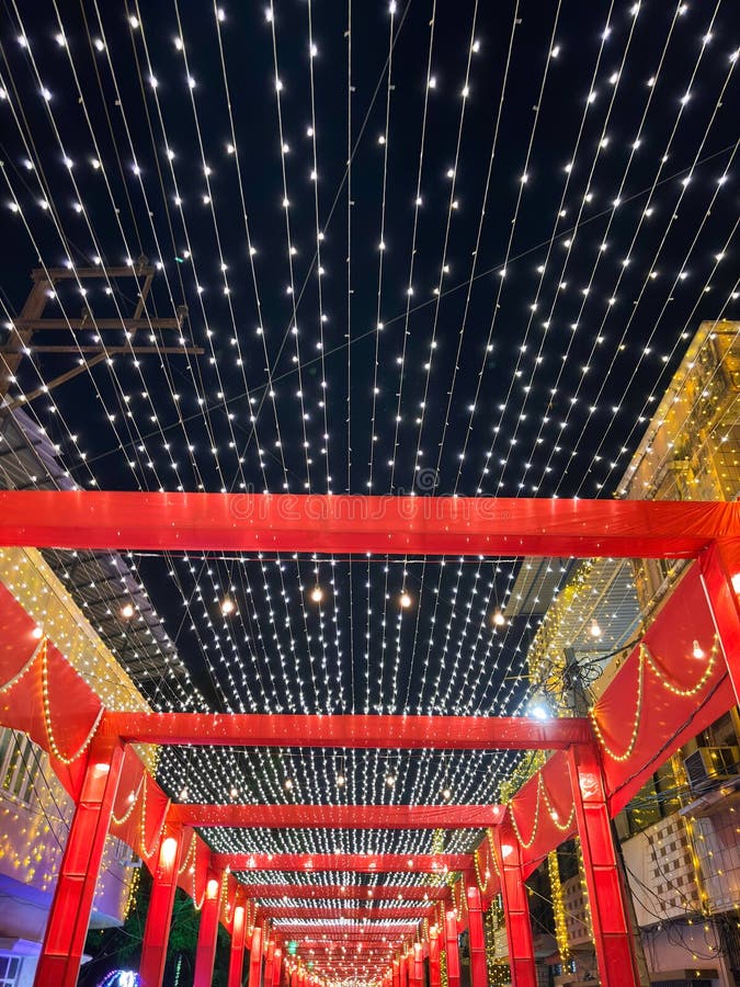 A Red Archway with Lights Hanging from it Stock Illustration ...