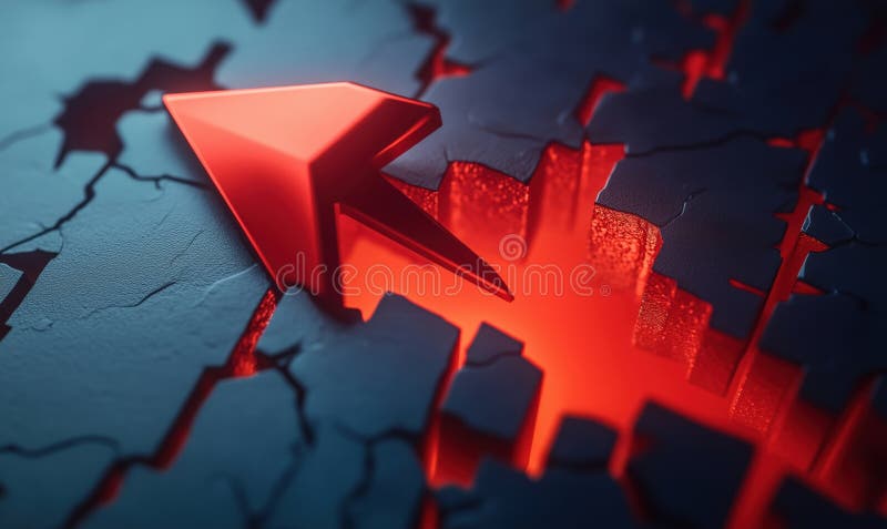 Red Arrow Breaking through Cracked Surface, Glowing with Intense Light, Symbolizing Breakthrough ...