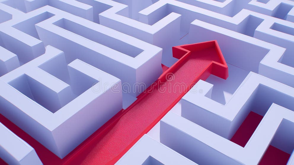 Red Arrow Clearly Indicates Direction through Intricate White Maze ...