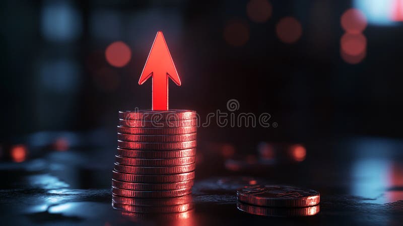 Red Arrow on Coin Stack Illustrates Growth Stock Illustration ...