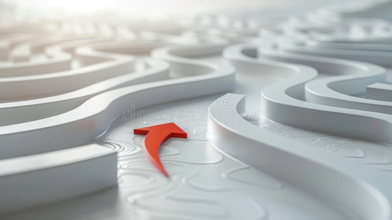Red Arrow Guiding through a Complex Maze Design with Smooth White Paths ...