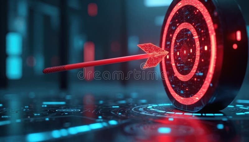 Red Arrow Hits Futuristic Target in High-tech Environment. Glowing ...