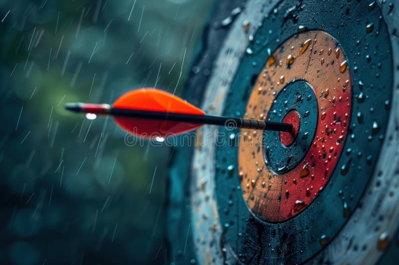 Red Arrow Hitting the Center of Target during Rain Stock Photo - Image ...