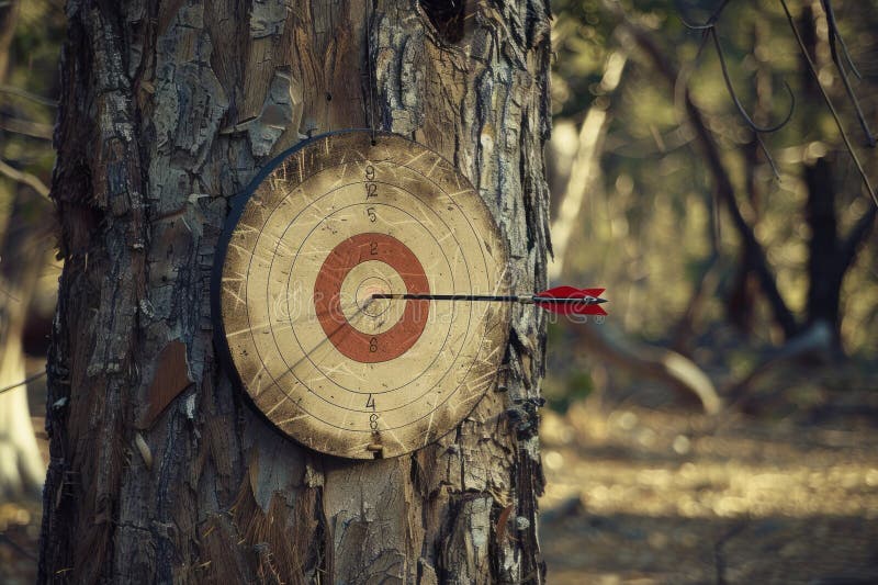 Red Arrow Hitting Target Center on a Tree in Forest Stock Photo - Image ...