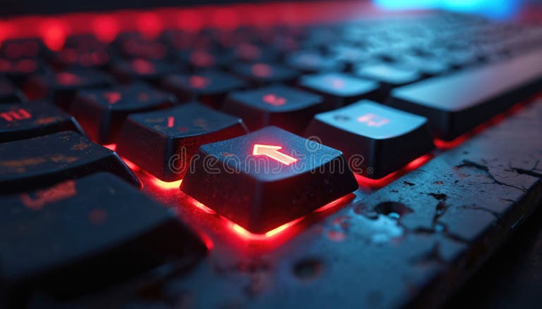 Red Arrow Key Illuminated on a Tech Keyboard. Red Backlight Provides ...