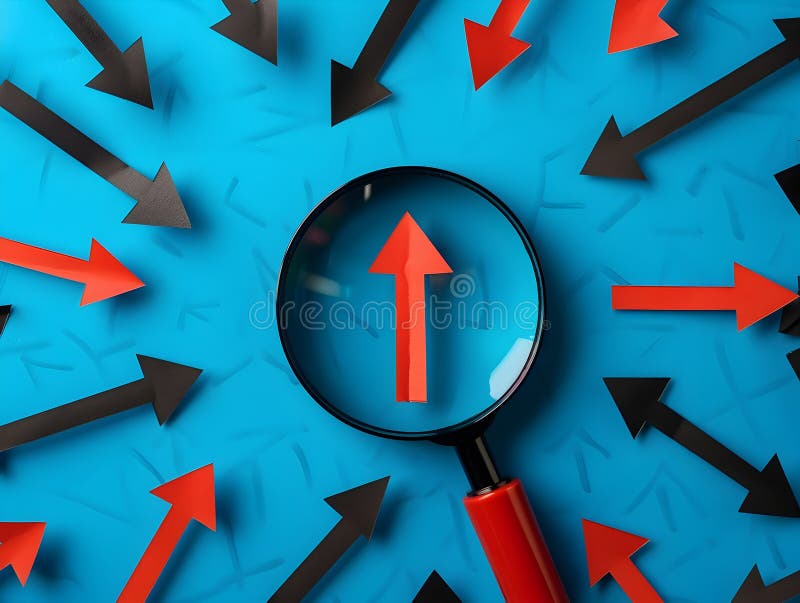 Red Arrow through Magnifying Surrounded by Black Arrows on Blue ...