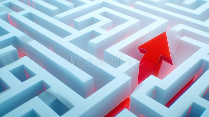 Red Arrow Moves through Intricate White Maze Towards Open Space. Modern ...