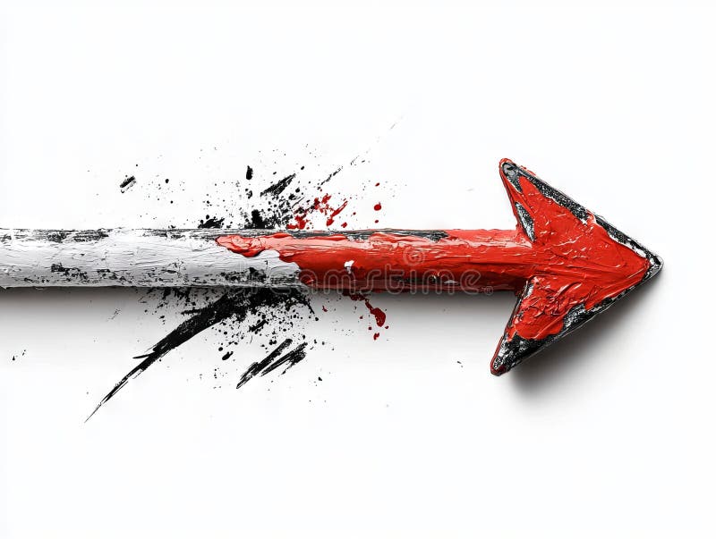A Red Arrow Painted with Paint Splatters on a White Background Stock ...