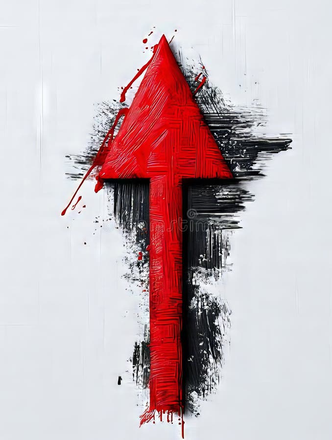 A Red Arrow Painted on a White Wall with Black Paint Splatters Stock ...