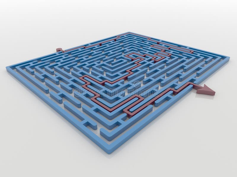 Red Arrow Path Across Blue Maze Labyrinth 3D Render, Solution Co Stock ...