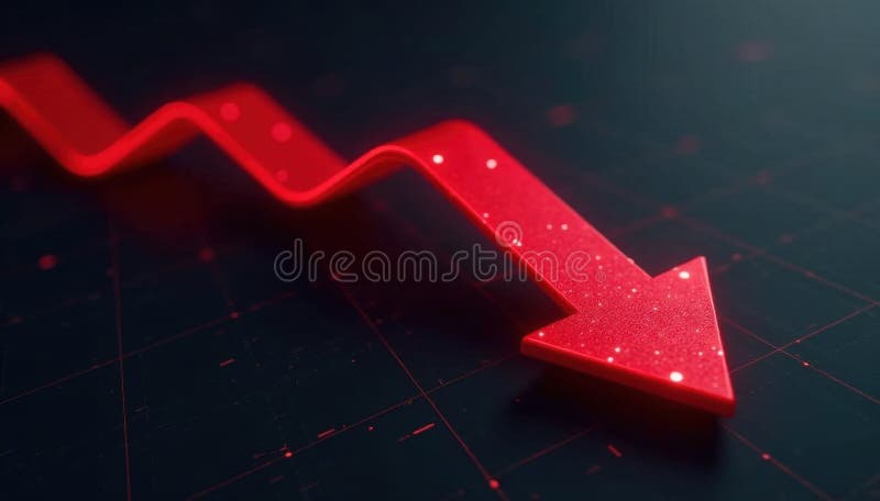 Red Arrow Plunging Downward on Black Grid Background , Crash, Decline ...