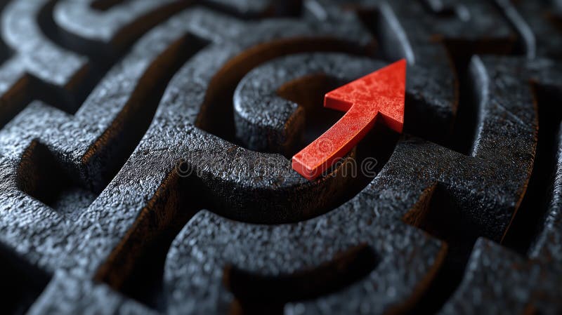 Red Arrow Pointing through a Dark Maze with Dramatic Lighting Stock ...