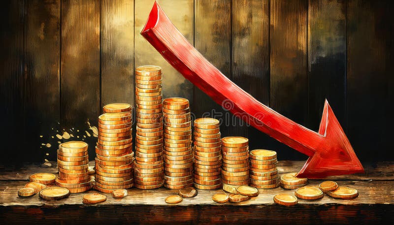 A Red Arrow Pointing Down Over a Row of Decreasing Gold Coins ...
