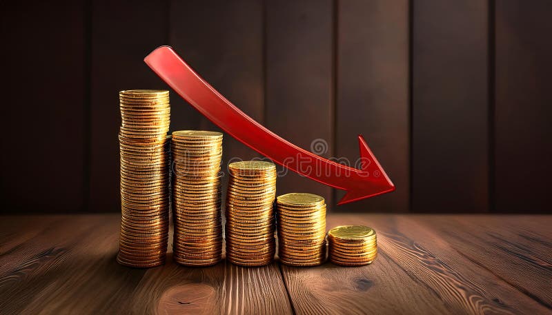 A Red Arrow Pointing Down Over a Row of Decreasing Gold Coins. Generative AI Stock Illustration ...