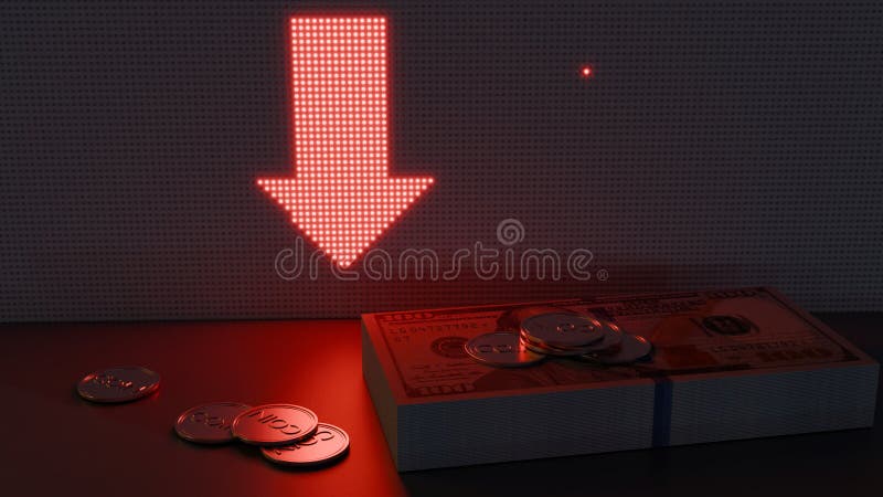 A Red Arrow is Pointing Down with Stack of Hundred Dollar Bills Stock ...