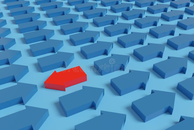 Red Arrow Pointing Left Alongside Many Other Blue Arrows Pointing Right ...