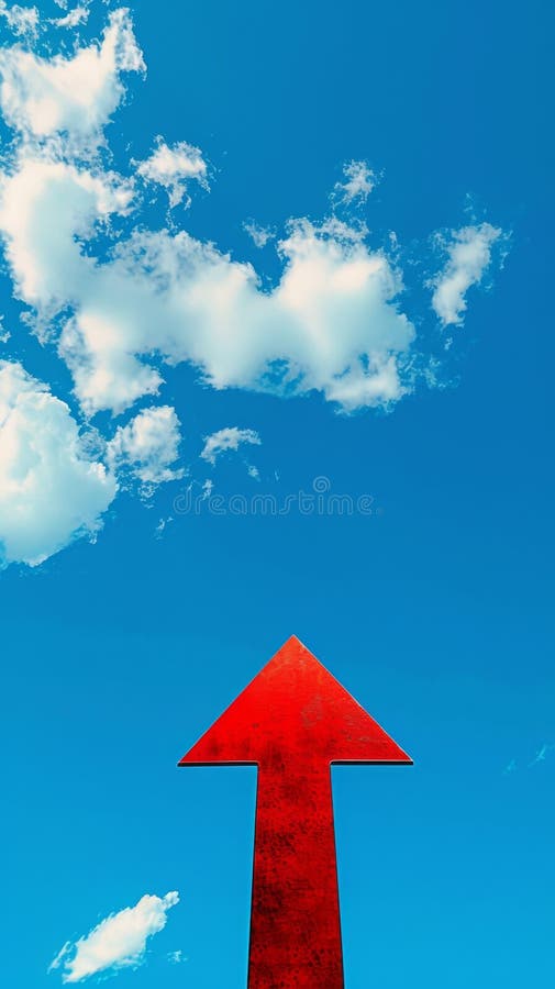 Red Arrow Pointing Upwards Against a Blue Sky with Clouds, Directional ...