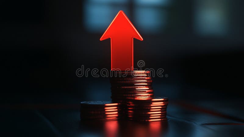 Red Arrow Points Upward on Stacked Shiny Coins Stock Illustration ...