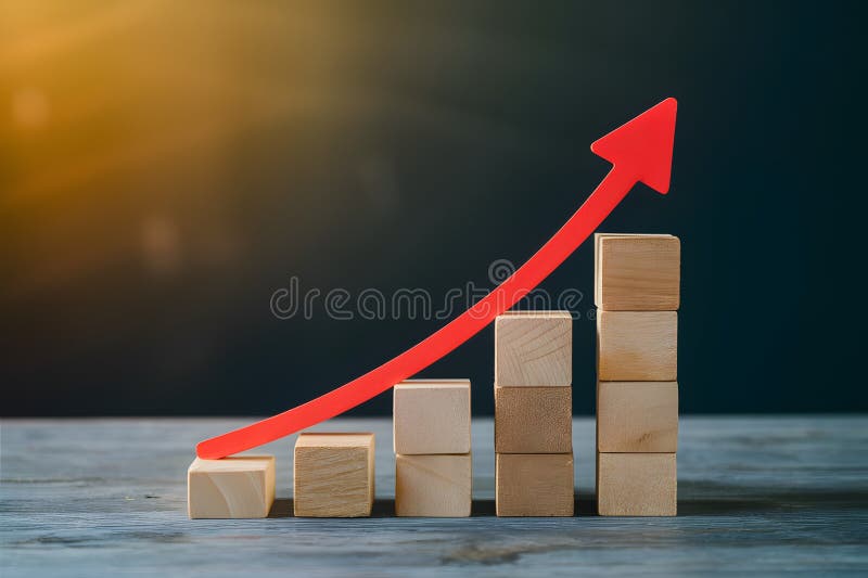 Red Arrow Rises on Wooden Blocks, Symbolizing Growth or Improvement ... Red Arrow Rises on Wooden Blocks, Symbolizing Growth or Improvement ...