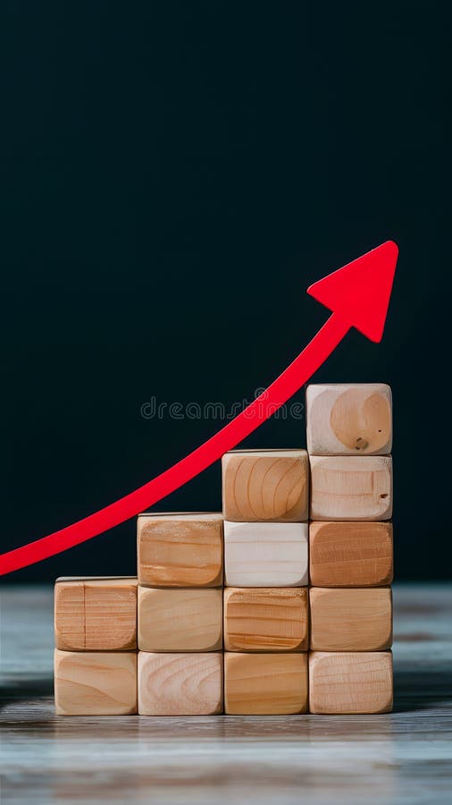 Red Arrow Rises on Wooden Blocks, Symbolizing Growth or Improvement ... Red Arrow Rises on Wooden Blocks, Symbolizing Growth or Improvement ...