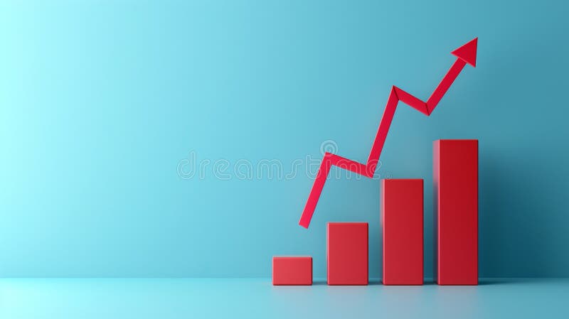 Red Arrow Rising Above Red Bar Graphs Against a Bright Blue Background ...