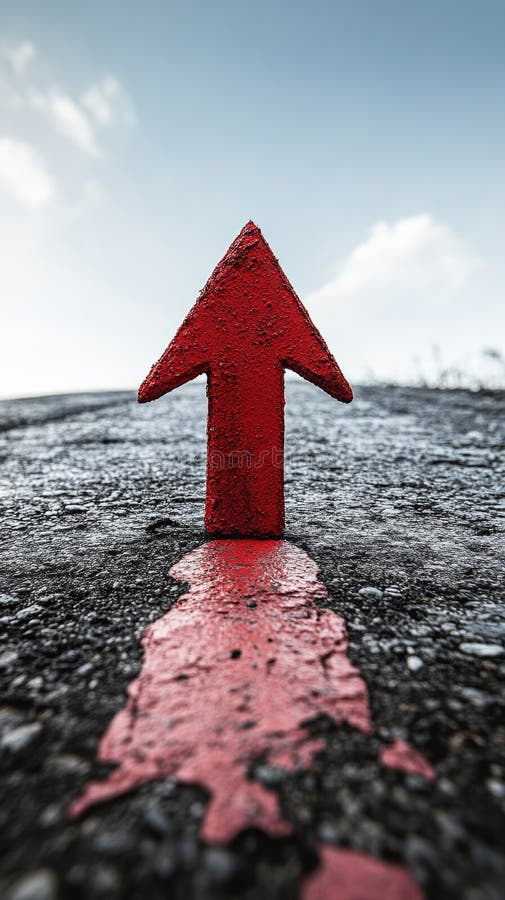 Red Arrow Sign on Rough Asphalt Road Under Blue Sky Stock Photo - Image ...