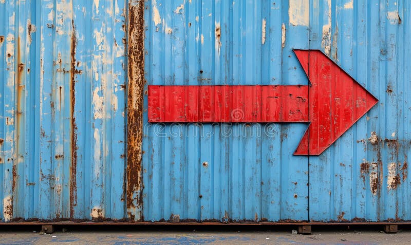 Red Arrow Sign on Rusty Blue Metal Wall Indicating Direction Stock ...