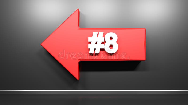 Red Arrow To the Left, with Number 8, on Black Glossy Wall - 3D ...