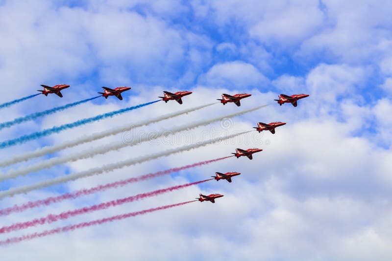 Red Arrows in flight stock photo. Image of transportation - 192414746