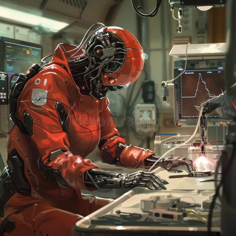 Red Astronaut Examining Robotics Stock Photo - Image of control ...
