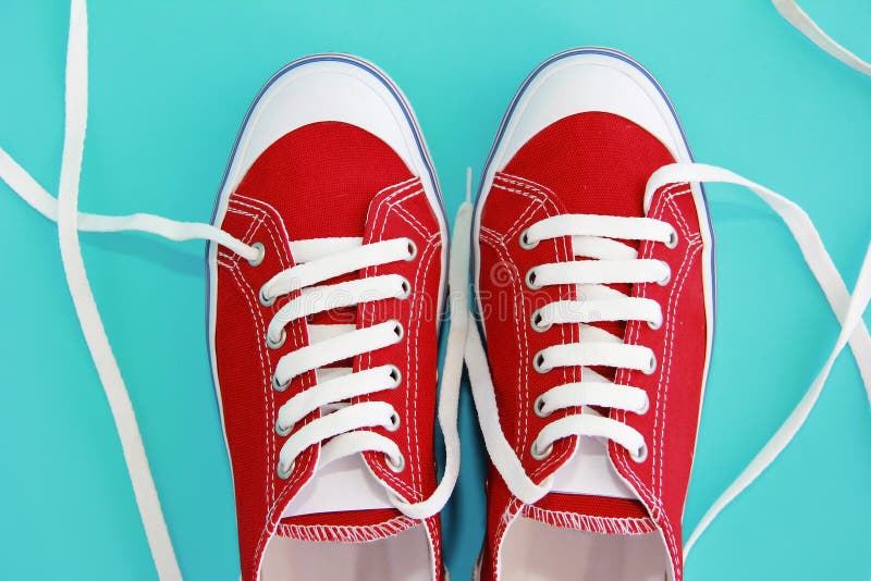 Red Athletic Shoes Sneakers with White Laces Stock Photo - Image of ...