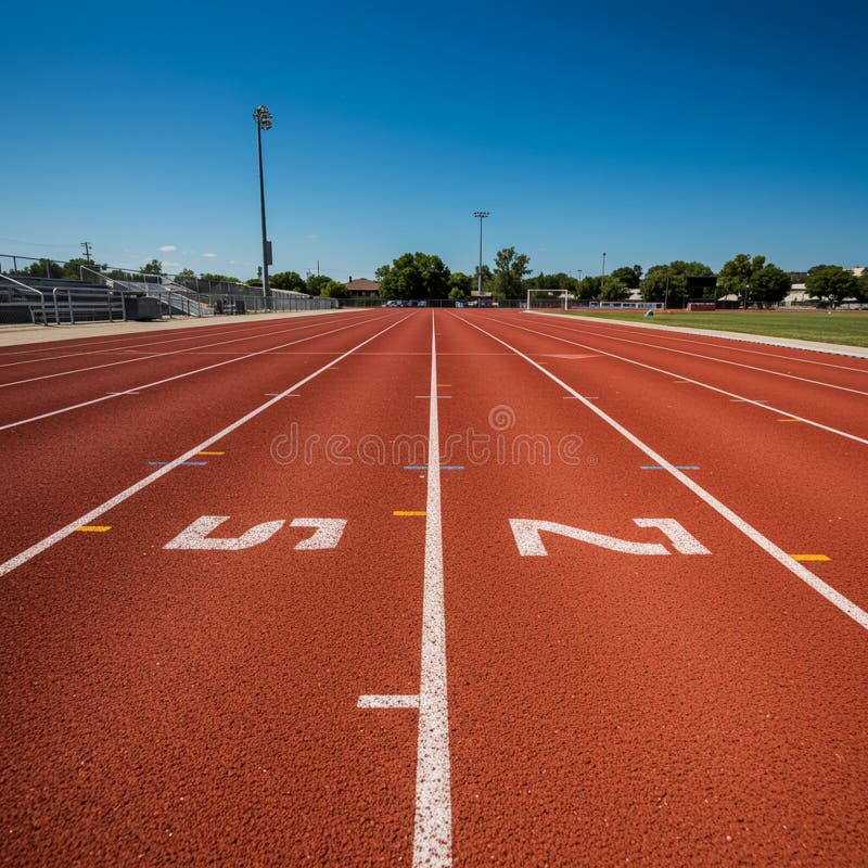 Red Athletic Track with Clearly Marked Lanes, Numbers Painted in White ...