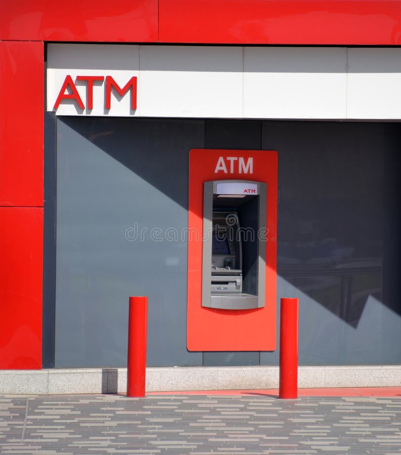 Red ATM in a wall stock photo. Image of display, banking - 52491602