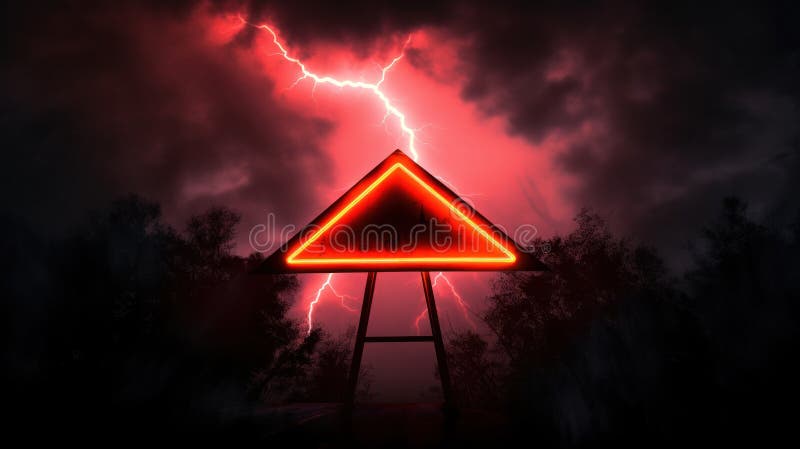Lightning Strikes a Car Warning Sign. Red Automotive Safety Triangle in ...