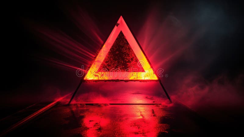 Red Automotive Safety Triangle in Perspective Glowing on a Dark ...