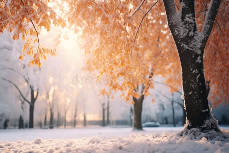 Red Autumn and the First Snow in the Park Stock Illustration ...